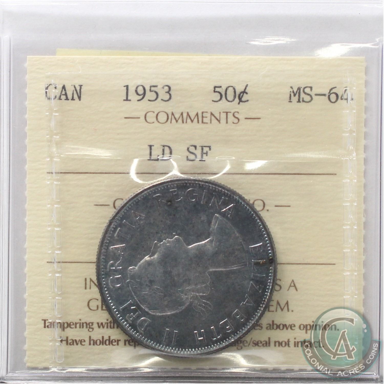 1953 Canada 50-cent LD SF ICCS Certified MS-64. Attractive blue toning ...