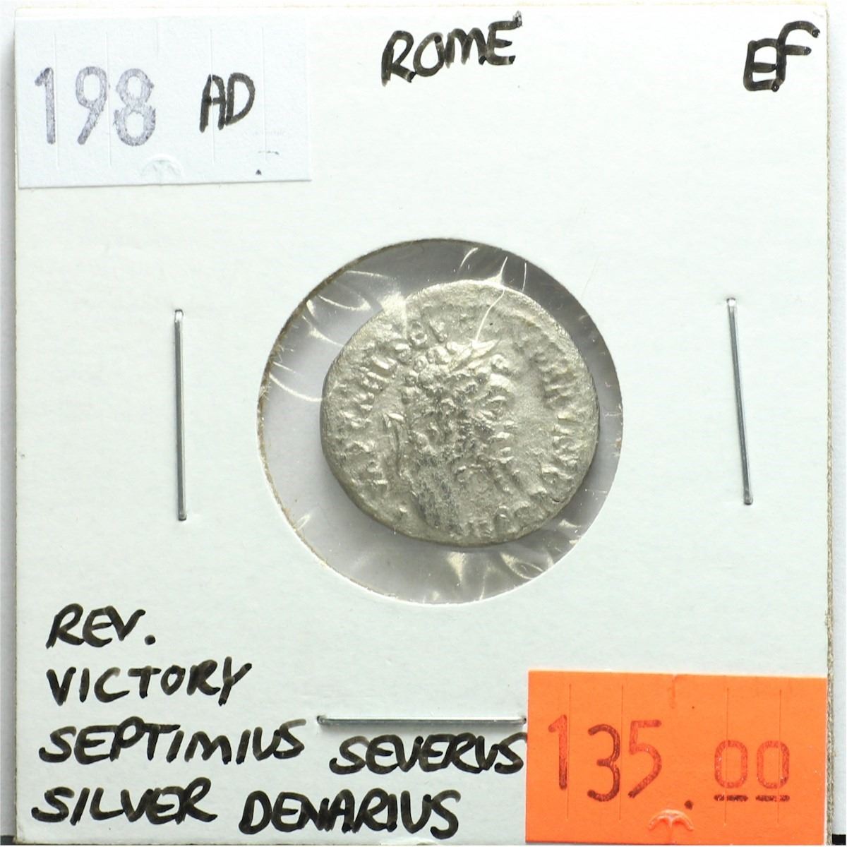 Rome 198 AD Silver Denarius; Septimius Severus; EF; Reverse - 'Victory'
