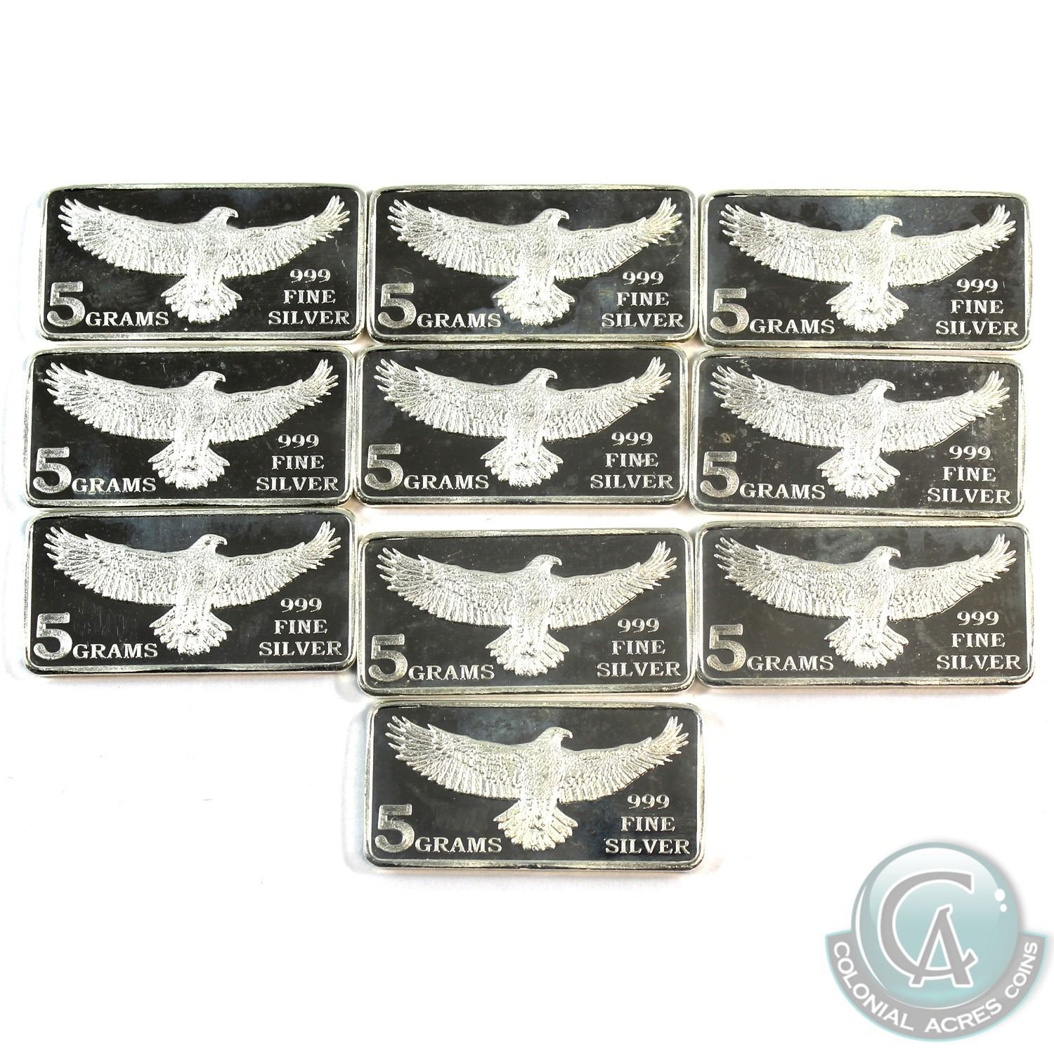 10x Monarch 5 gram Eagle .999 Silver Bars (Tax Exempt) 10pcs.