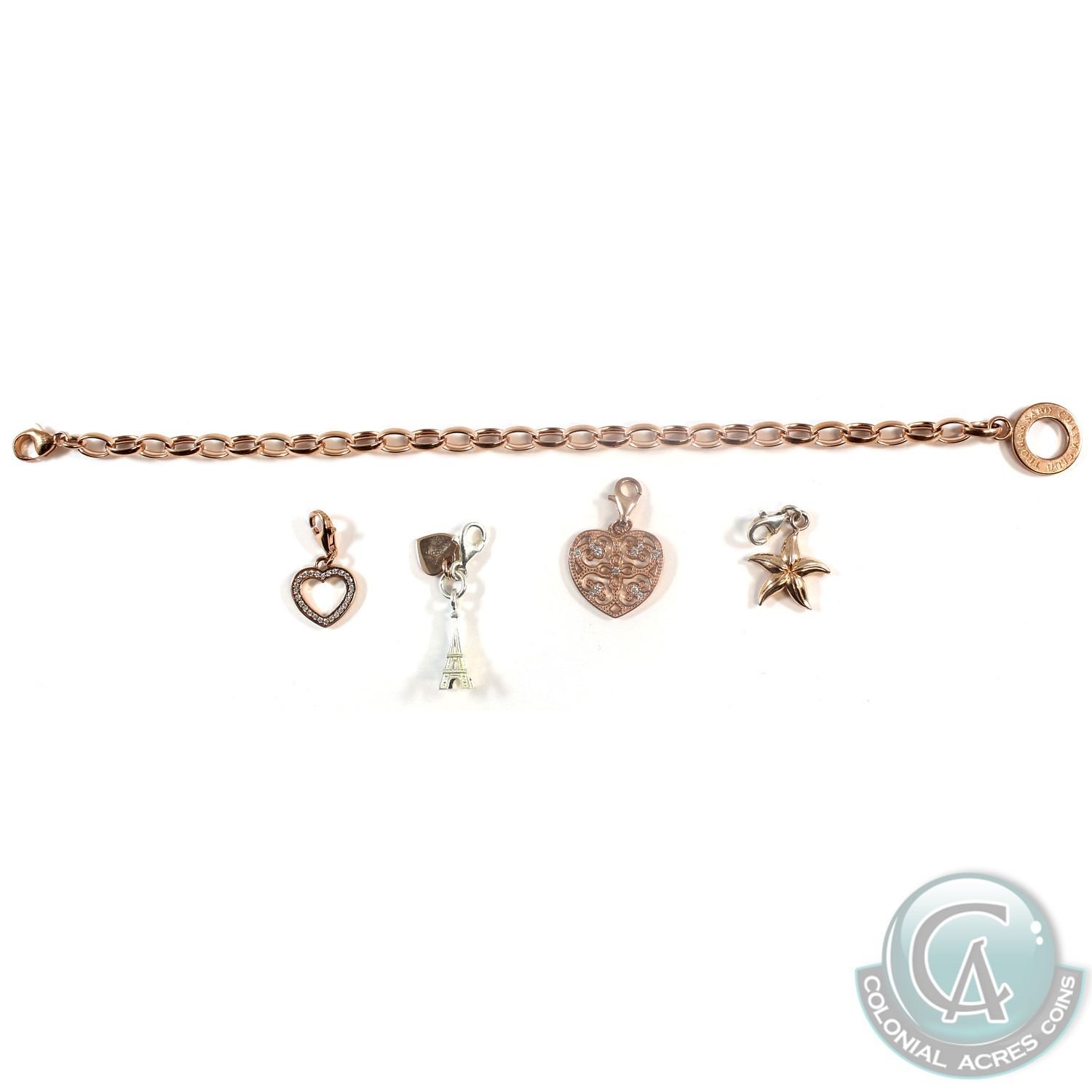 Rose Tone Sterling Silver Thomas Sabo Charm Bracelet with 4 Charms. 5pcs.