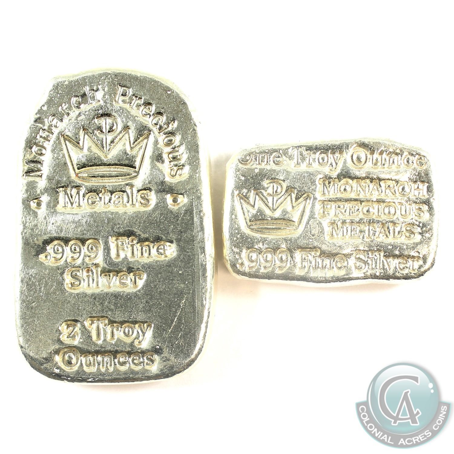 Monarch Precious Metals 1oz & 2oz Fine Silver Bars (Tax Exempt) 2pcs.