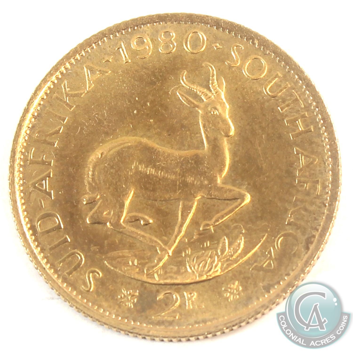 1980 South Africa 2 Rand Gold Coin. Contains 0.2354oz pure gold.