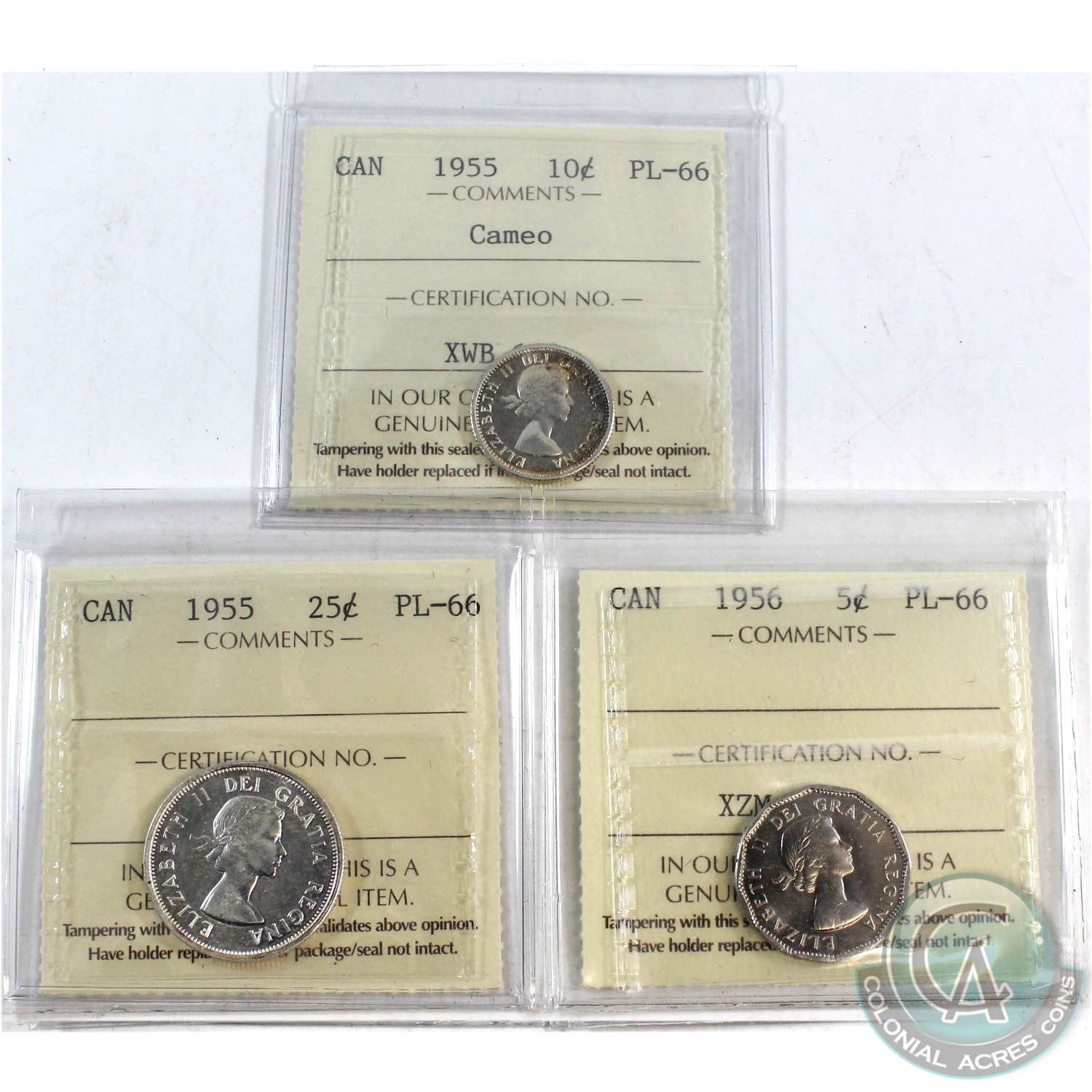 1955 Canada 10-cent Cameo, 1955 Canada 25-cent, 1956 Canada 5-cent ICCS ...