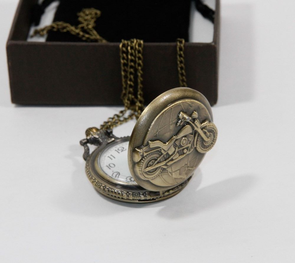 NEW BRONZE MOTORCYCLE POCKET WATCH WITH CHAIN