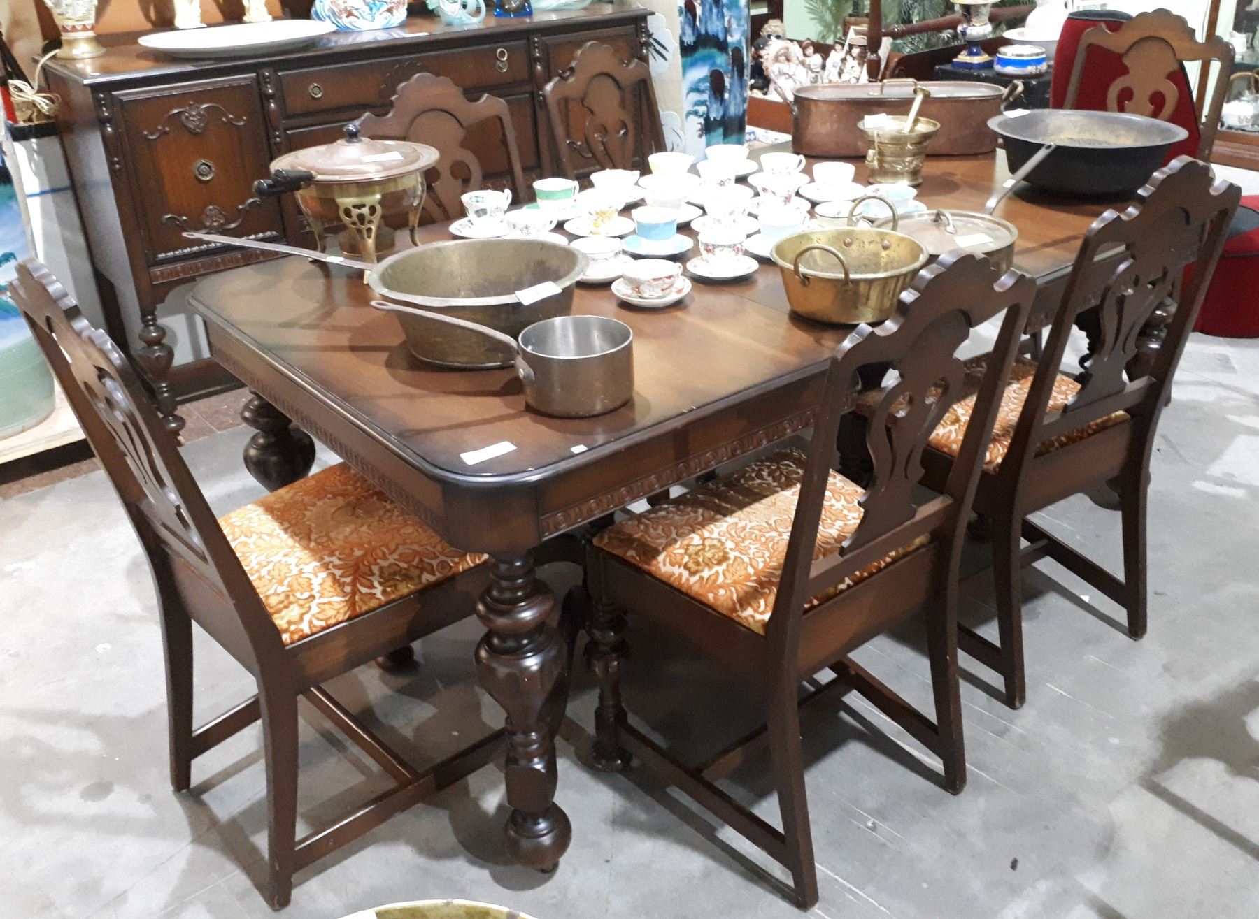 9 PC ANTIQUE WALNUT TABLE AND CHAIRS SET