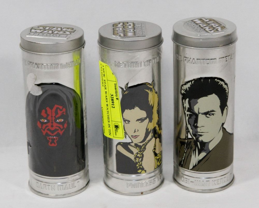 3 NEW STAR WARS WATCHES IN TIN CYLINDERS