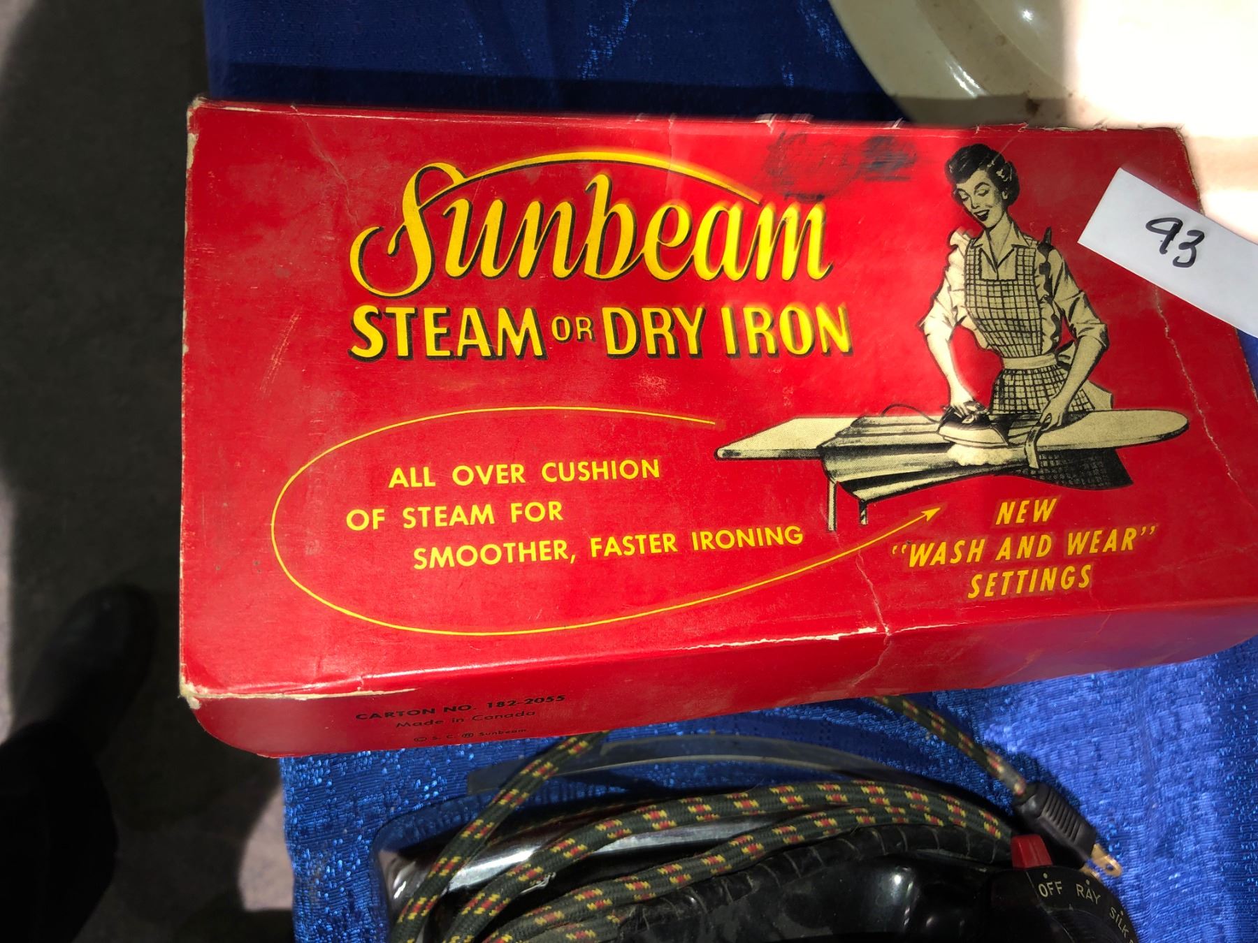 3 antique irons & Sunbeam iron in original box