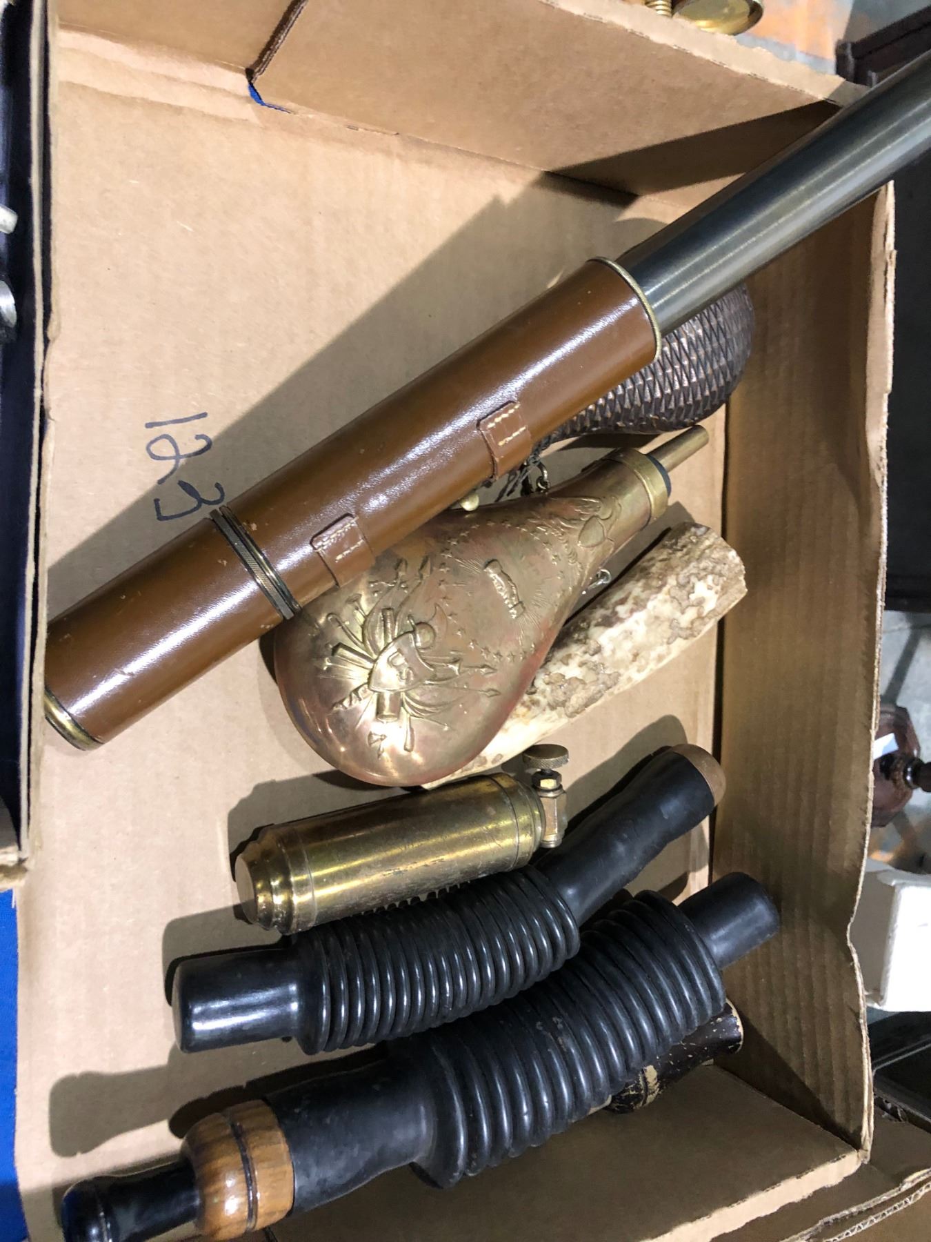 Sailors scope, gun powder flasks, Mossberg spotting scope stand & old ...