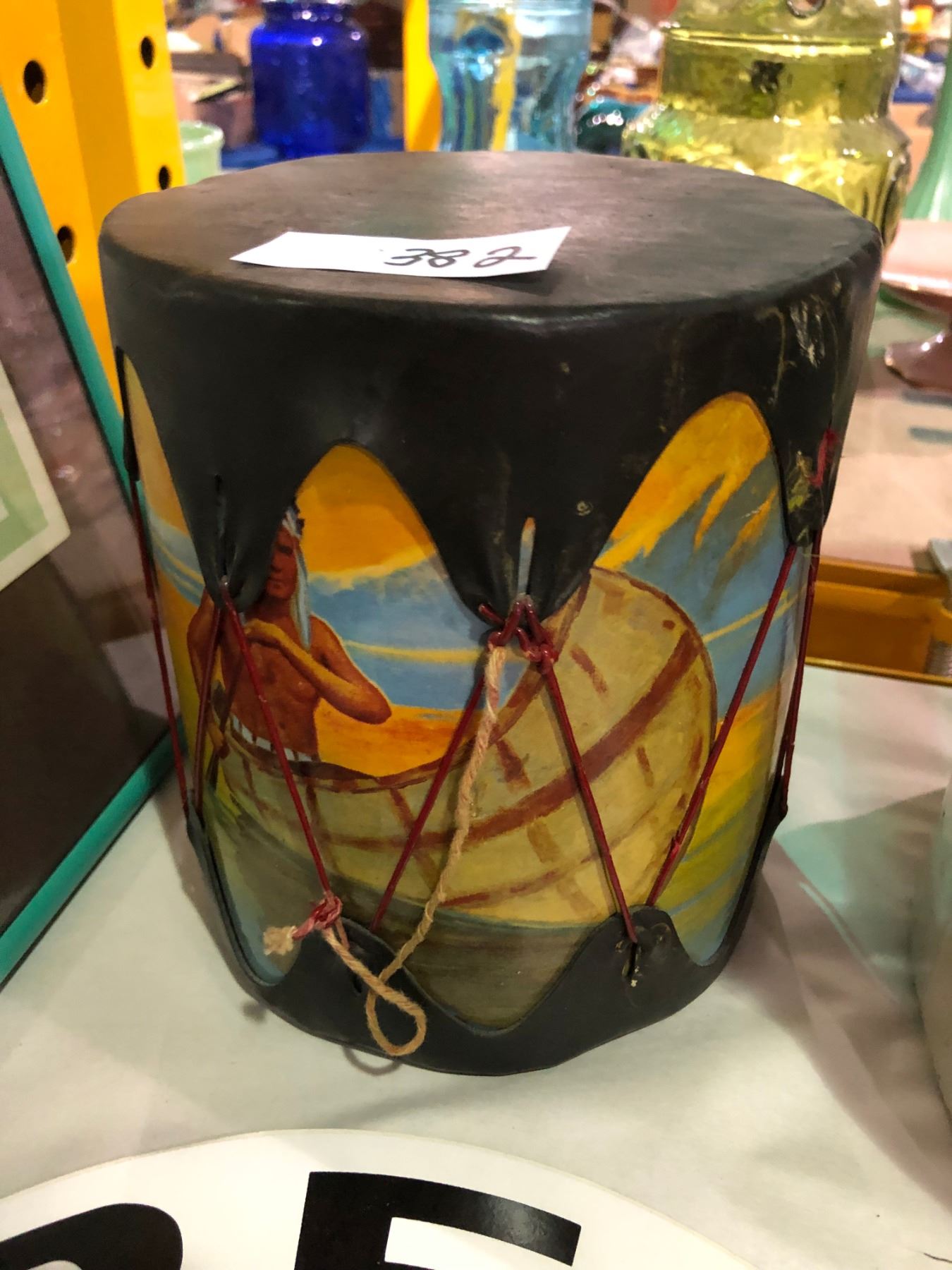 First Nations hand painted drum set plus "Red Indian" oil plaque and ...