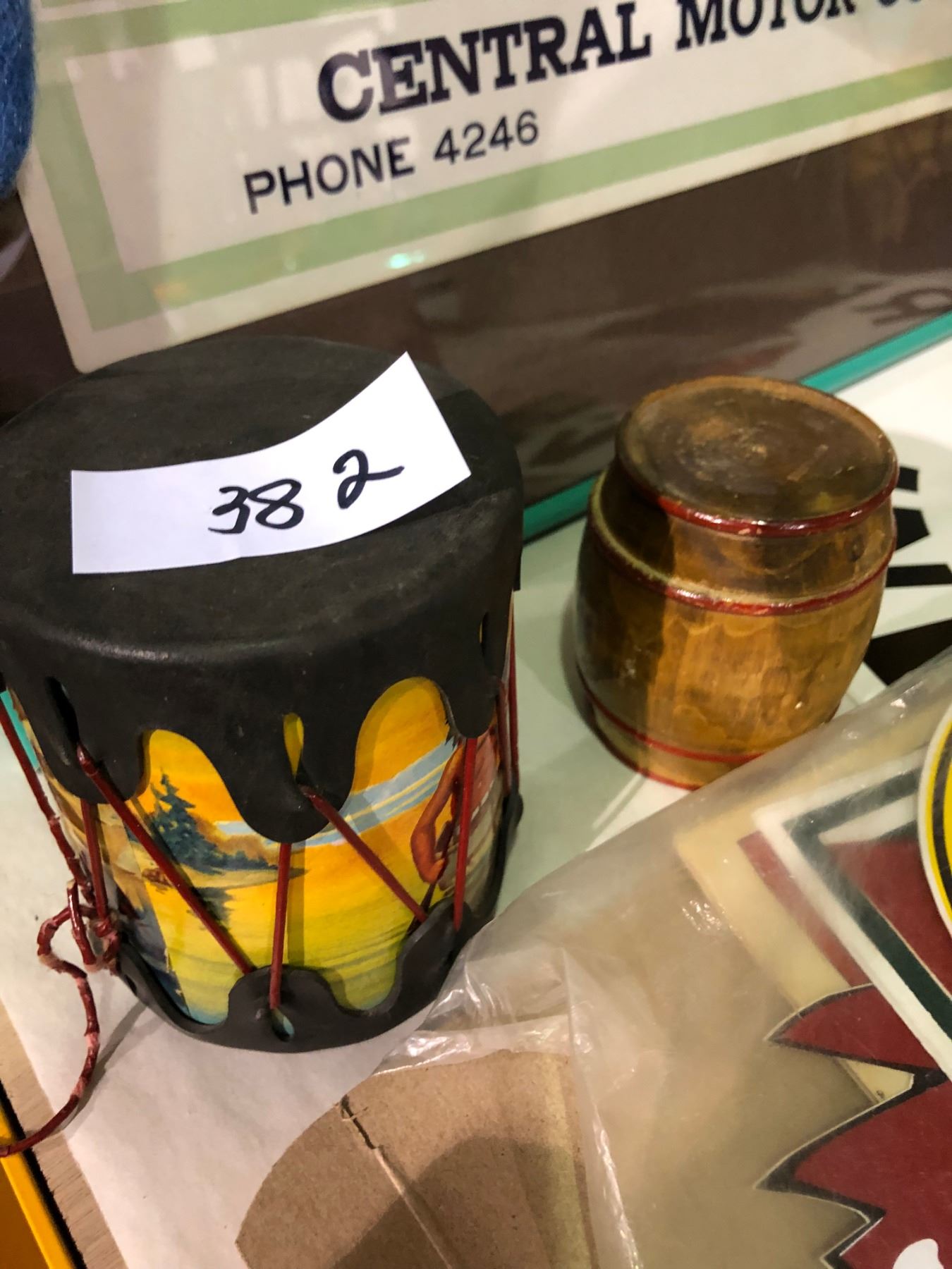 First Nations hand painted drum set plus "Red Indian" oil plaque and ...