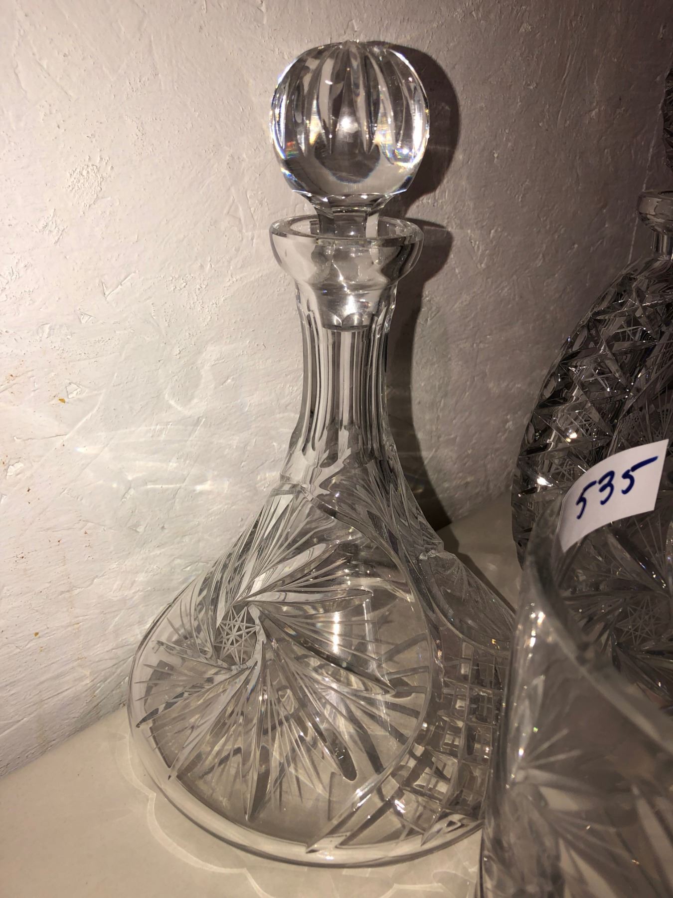 Pinwheel crystal, decanters, ice bucket, pitcher, serving tray