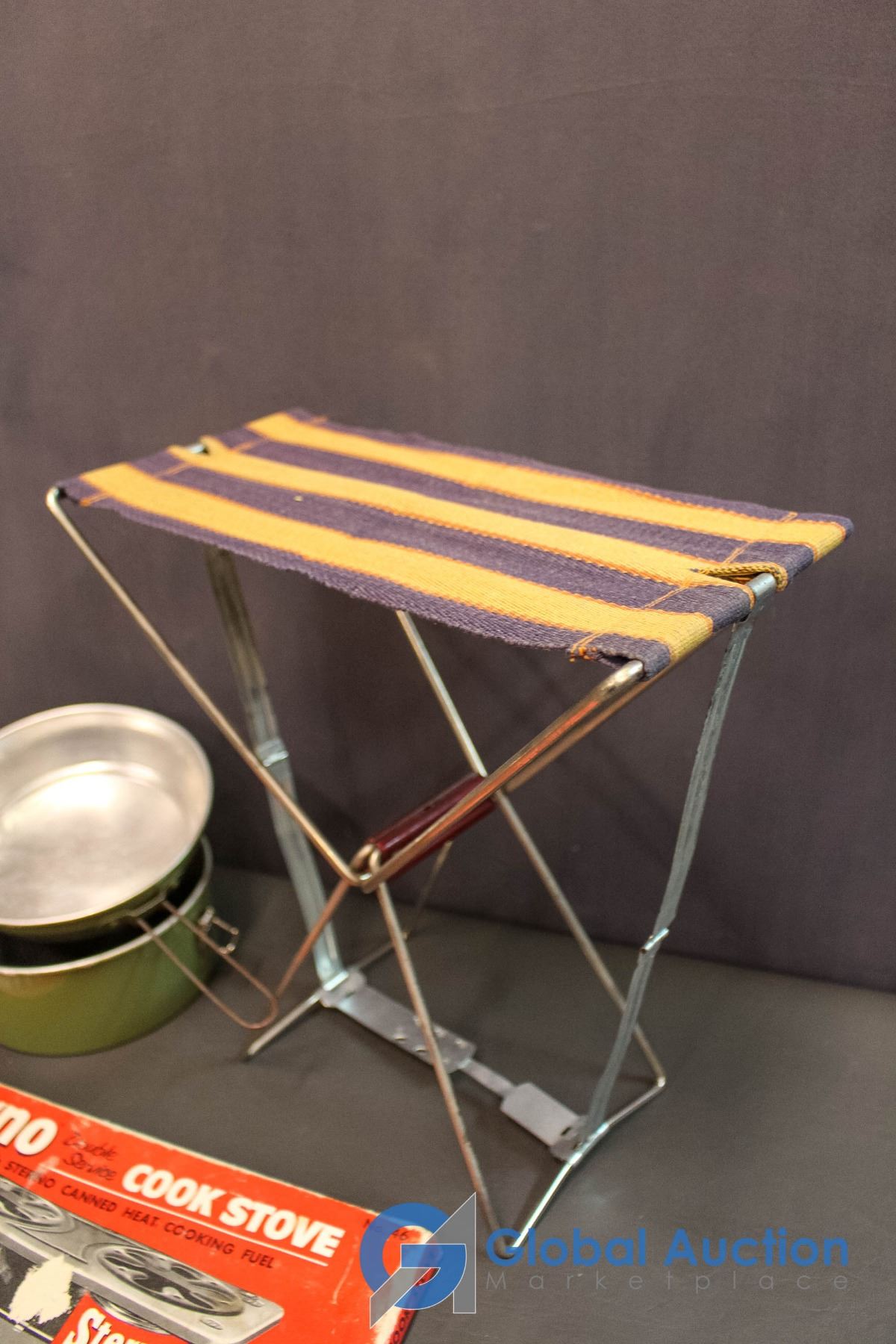 3 Piece Camp Lot - Sterno Cook Stove, Folding Stool, Camp Pots