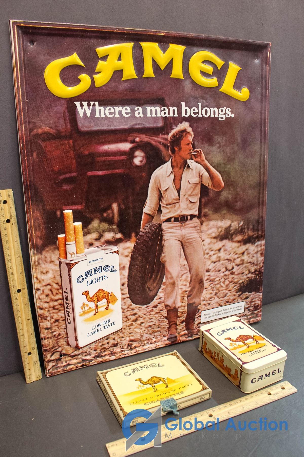 Camel Tins and Embossed Tin Camel Sign