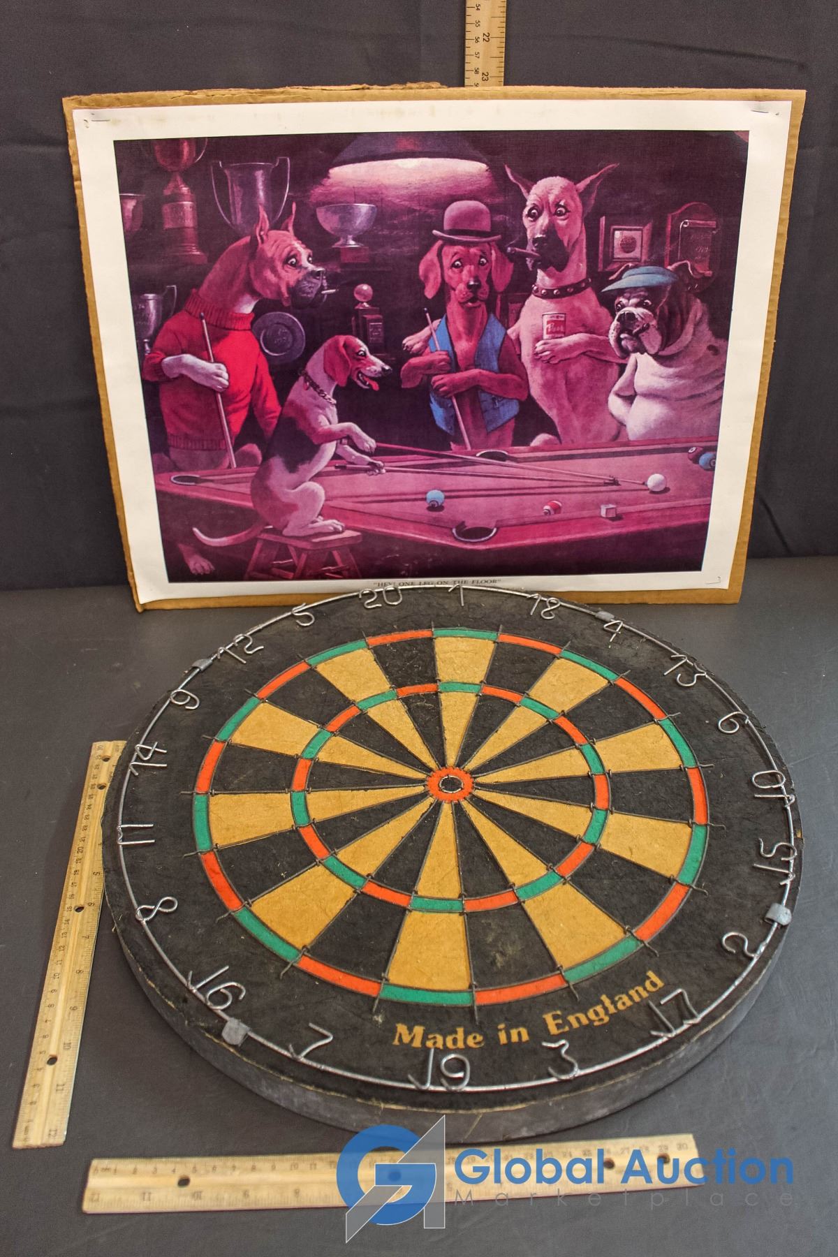 Unused Dart Board Made in England & Dogs Playing Pool Print