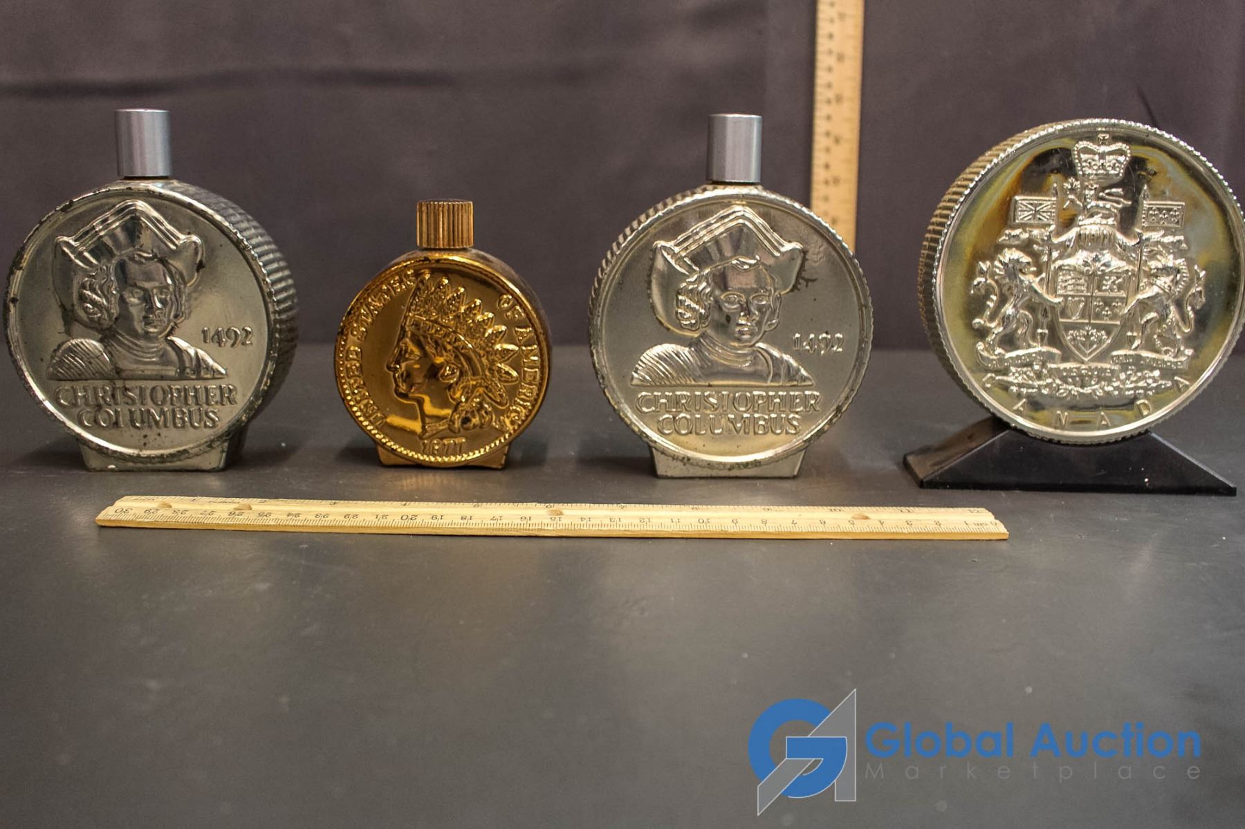 (3) Historicial Themed Glass Cologne/Aftershave Bottle & Coin Bank