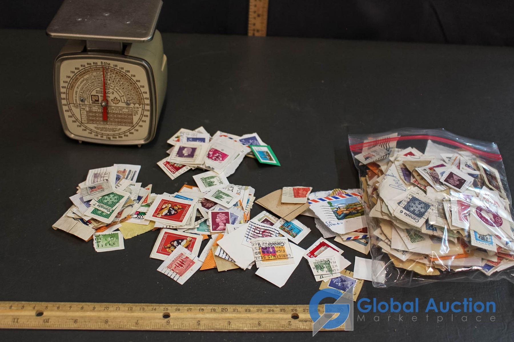 Vintage Postal Scale & Bag of Stamps