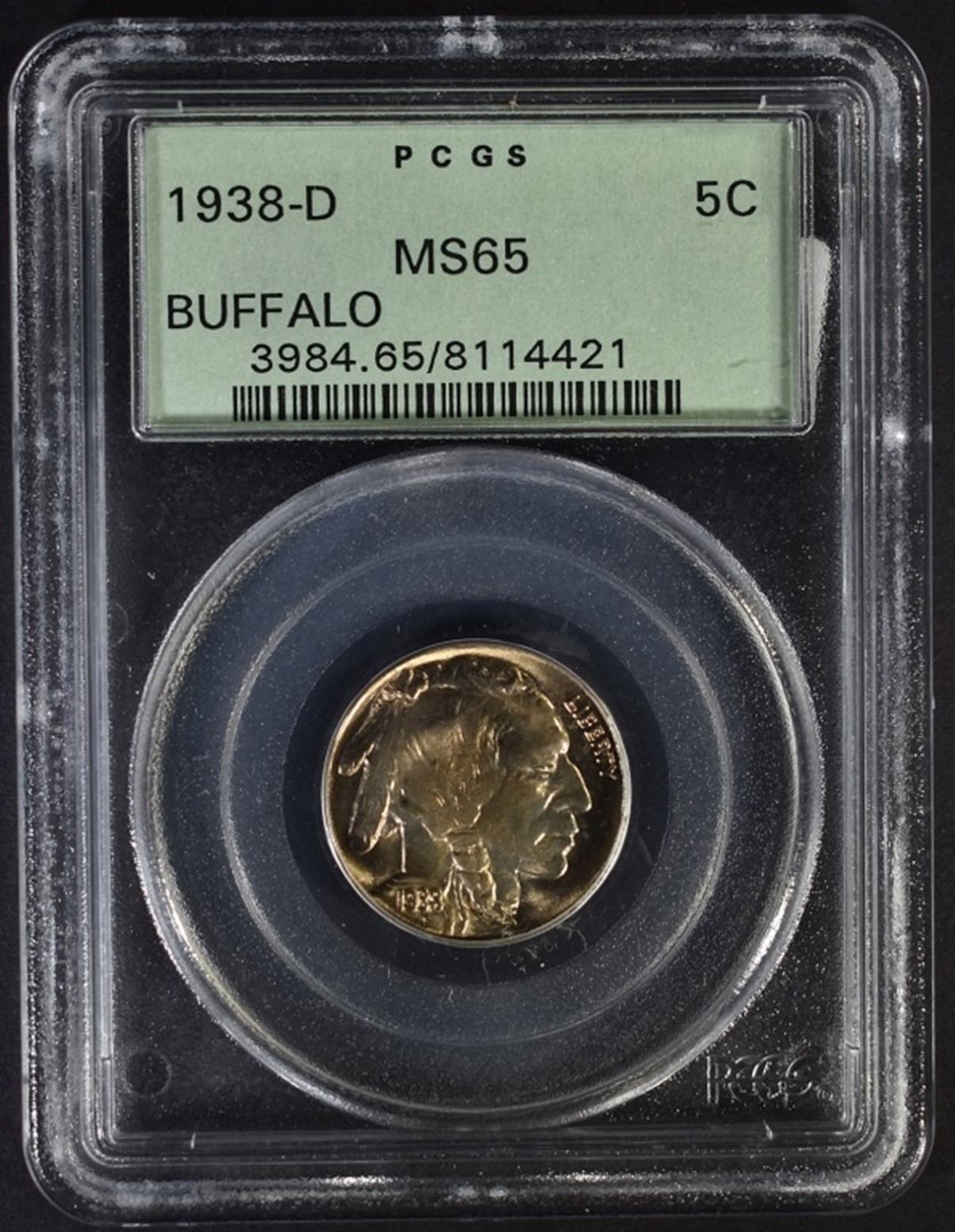 1938-D BUFFALO NICKEL;, PCGS MS-65 OLD GREEN LABEL