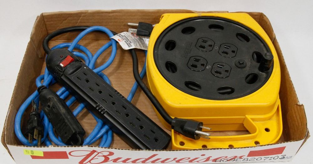 FLAT W/ MULTI PLUG REEL, EXTENSION CORD &POWER BAR