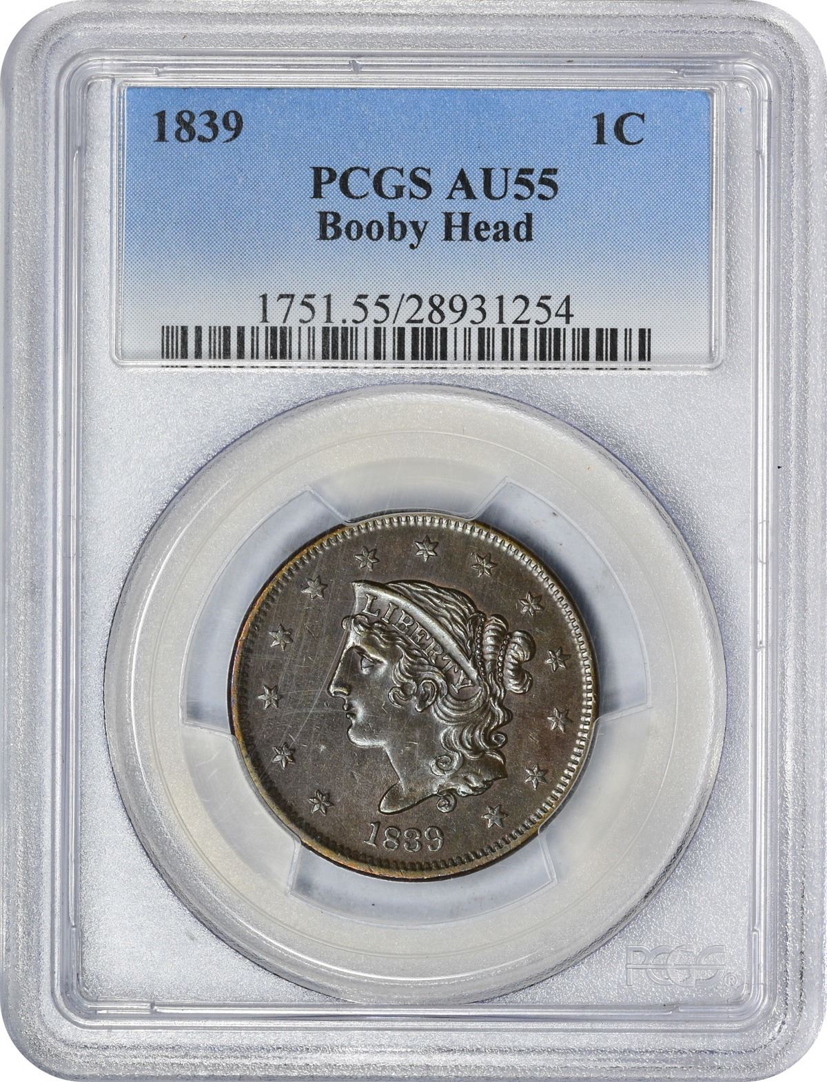 1839 N-5. Booby Head. Rarity-2. AU-55 PCGS