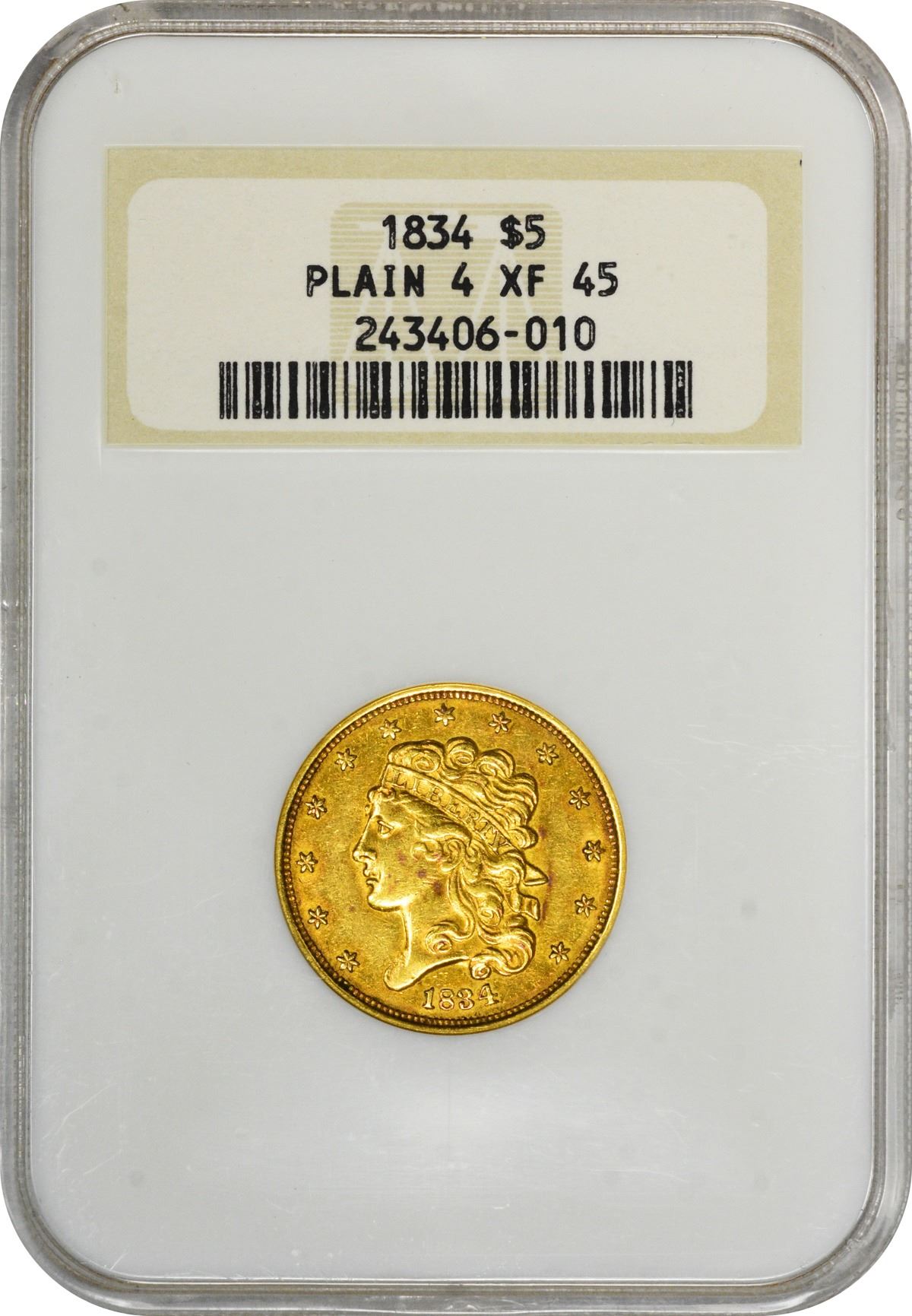 1834 Classic Head. No Motto. Plain 4. Breen-6501. EF-45 NGC.