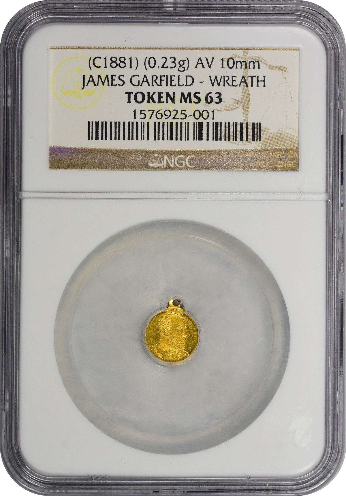 Undated (circa 1881) James Garfield Token. Gold. Looped. 10 mm. MS-63 NGC.