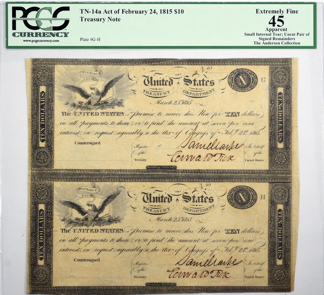 Fr. TN-14a $10 March 25, 1815 (Act of February 24, 1815). Plates G/H ...