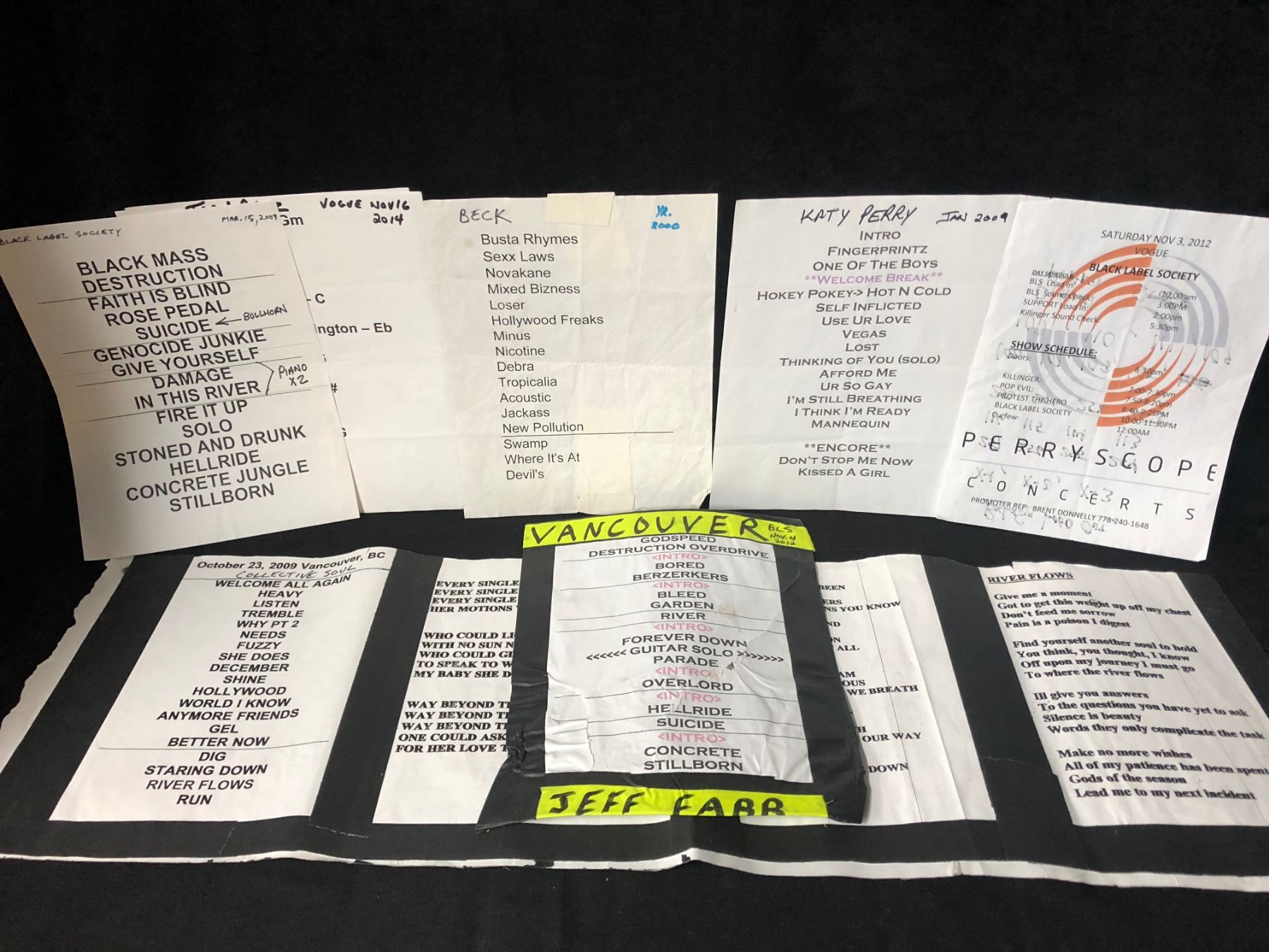 CONCERT SONG SET LISTS LOT (KATY PERRY/ BECK/ BLACK LABEL SOCIETY...)