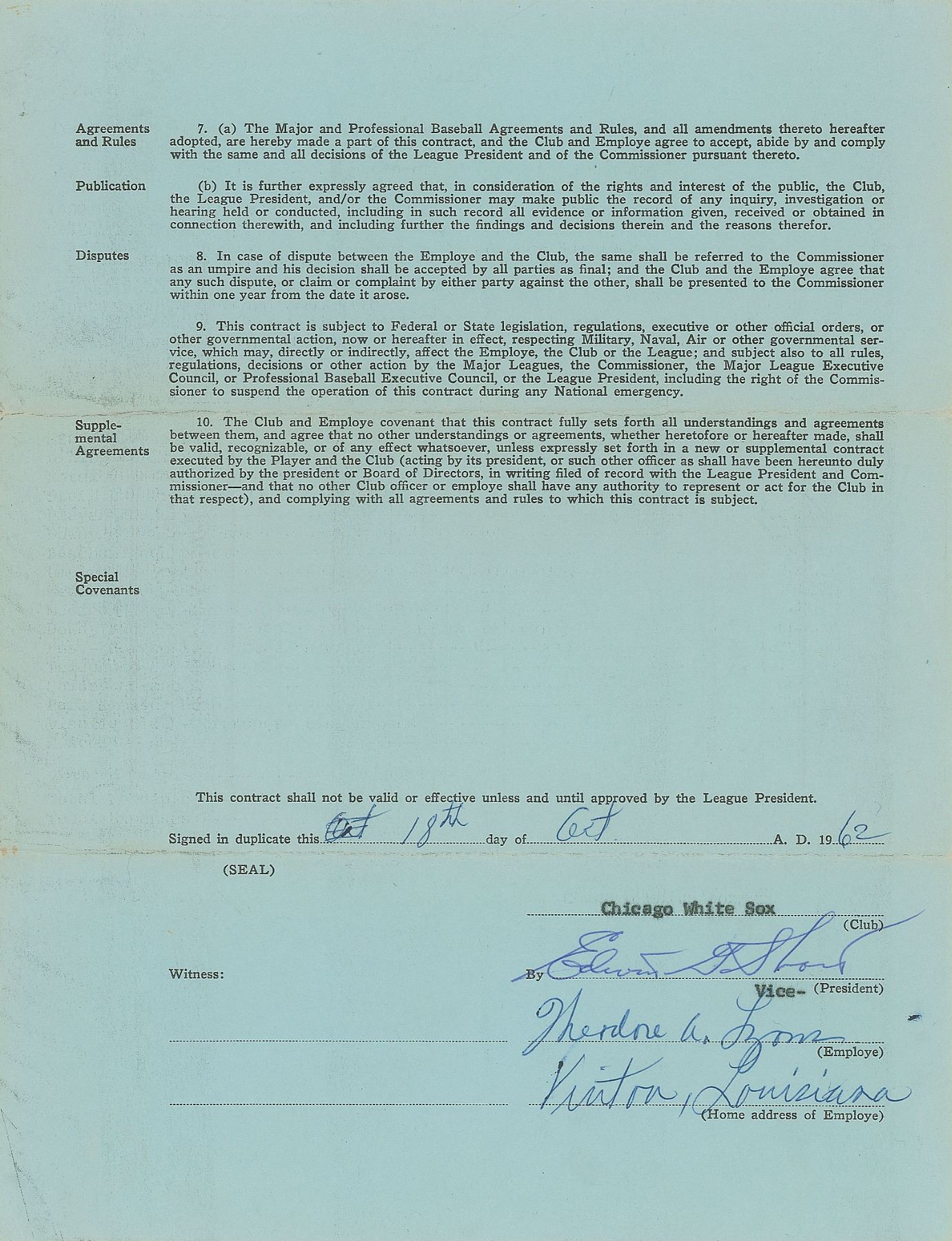 Ted Lyons 1963 Chicago White Sox Signed Scout Contract