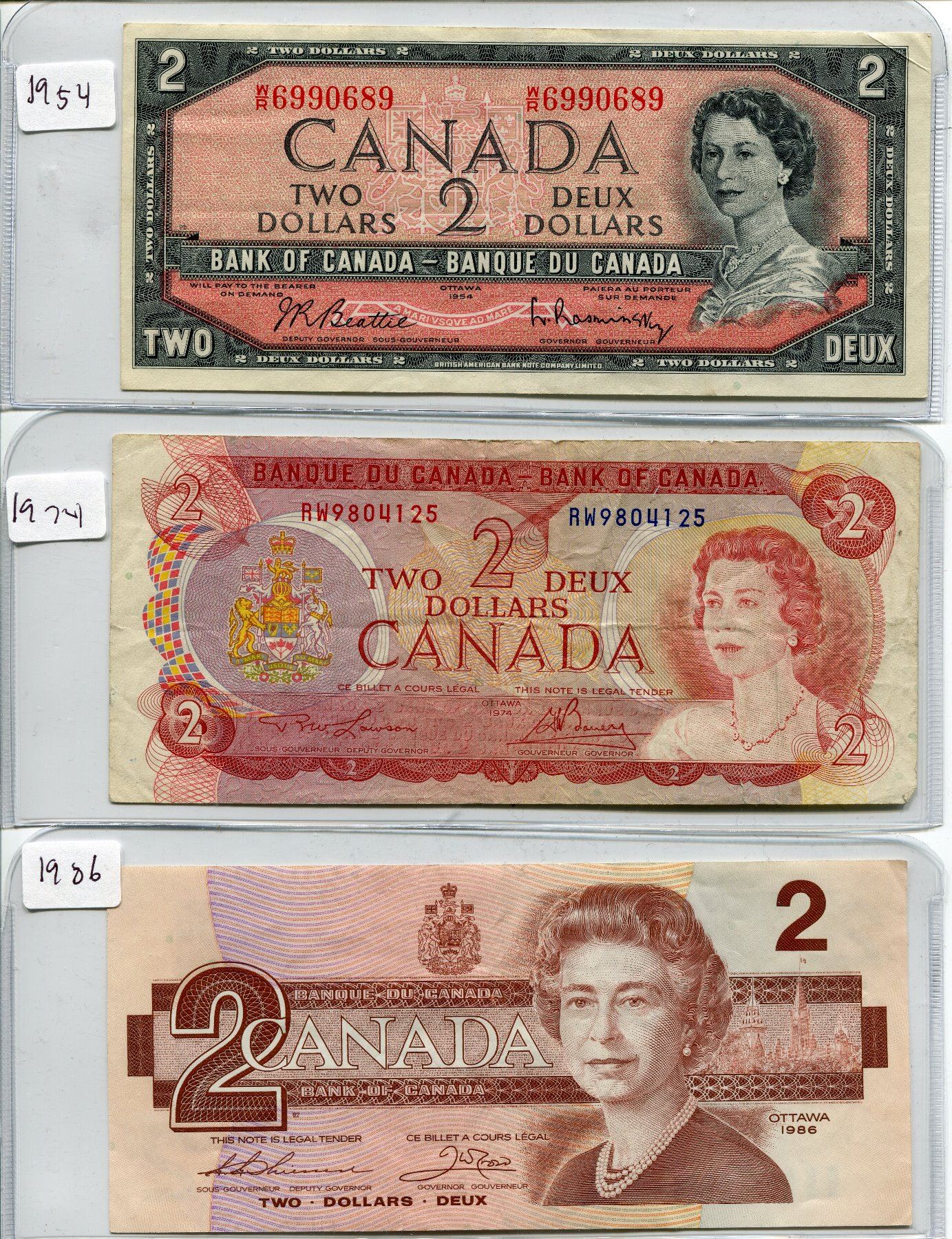SHEET OF THREE CNDN $2 BANKNOTES *1954, 1974, 1986*