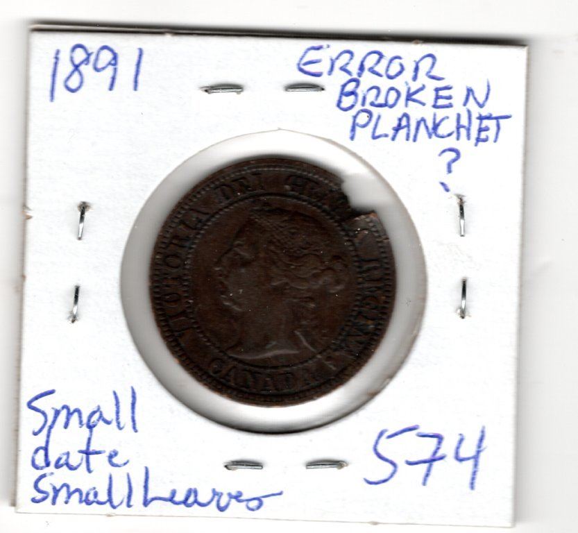 1891 CNDN LARGE 1 CENT PC *SMALL LEAVES* *SMALL DATE W/BROKEN PLANCHET ...
