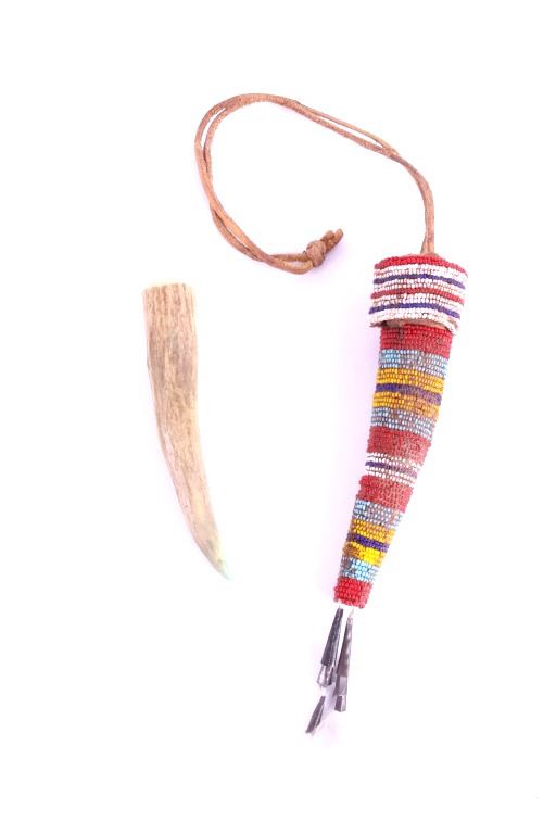 Crow Fully Beaded Awl Case w/ Antler Awl