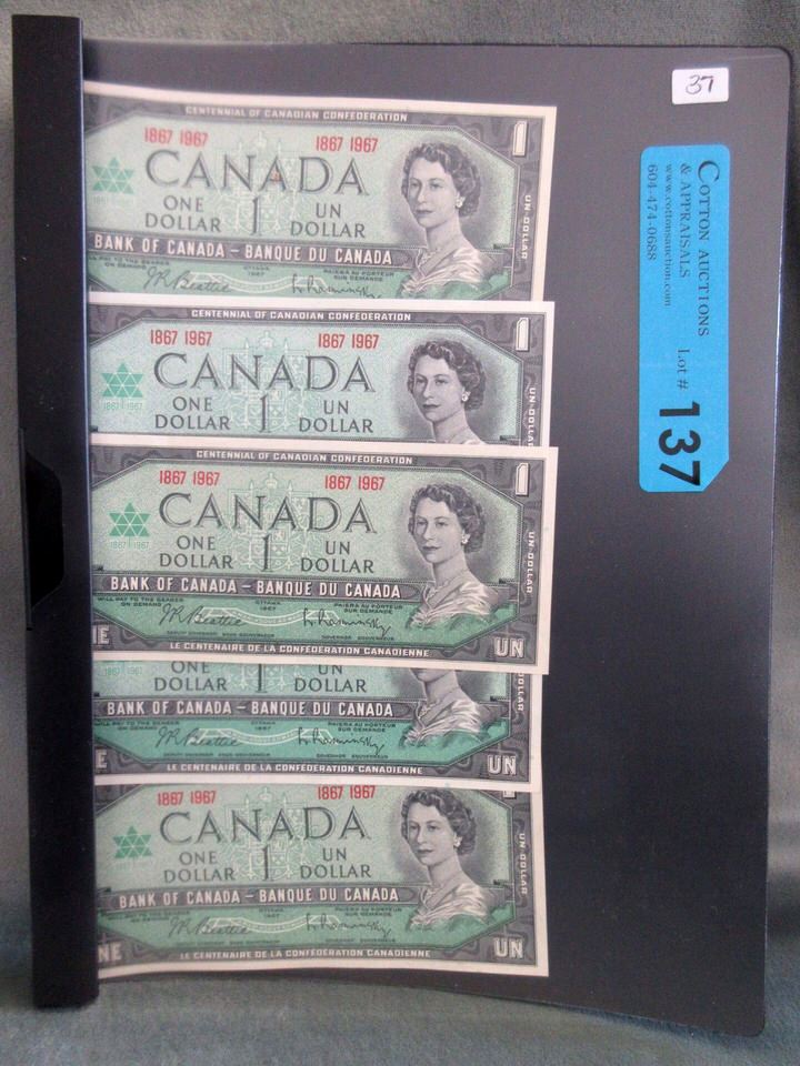 5 Old Canadian Centennial Dollar Bills 1867-1967