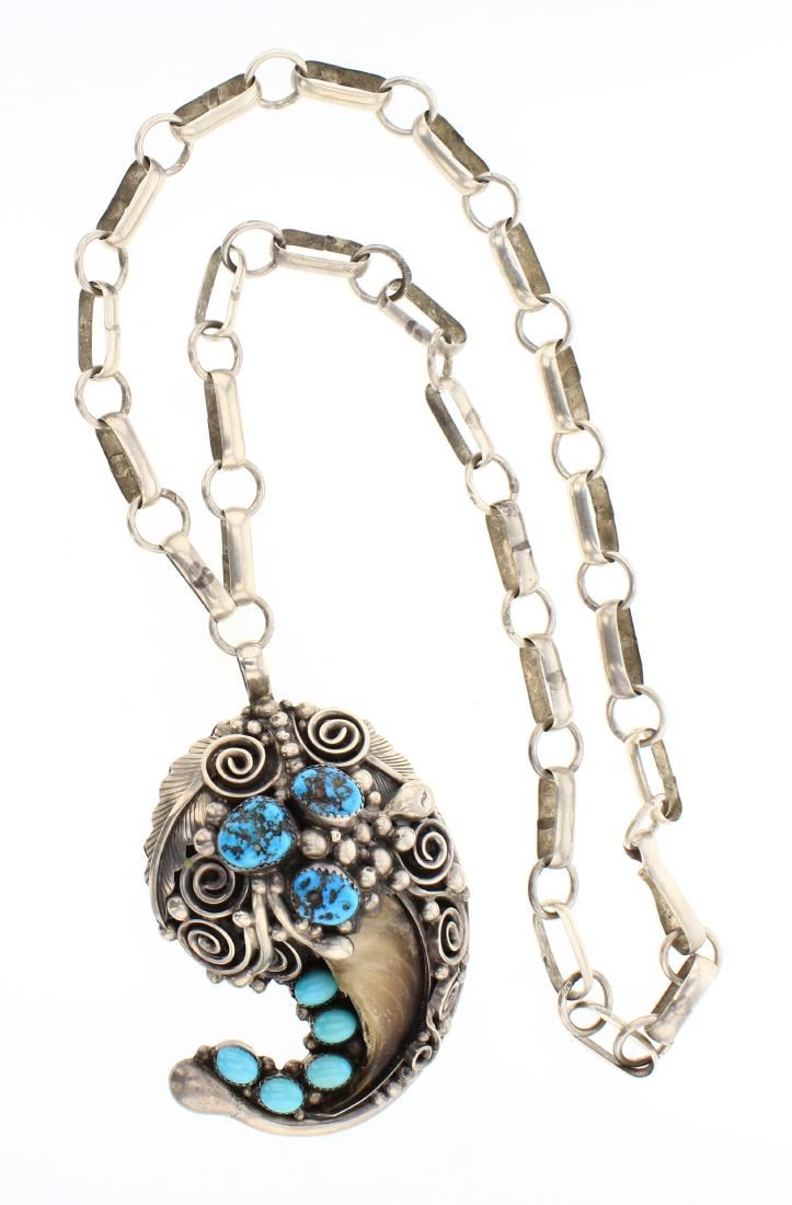 Old Pawn Turquoise & Bear Claw Pendant Chain Link