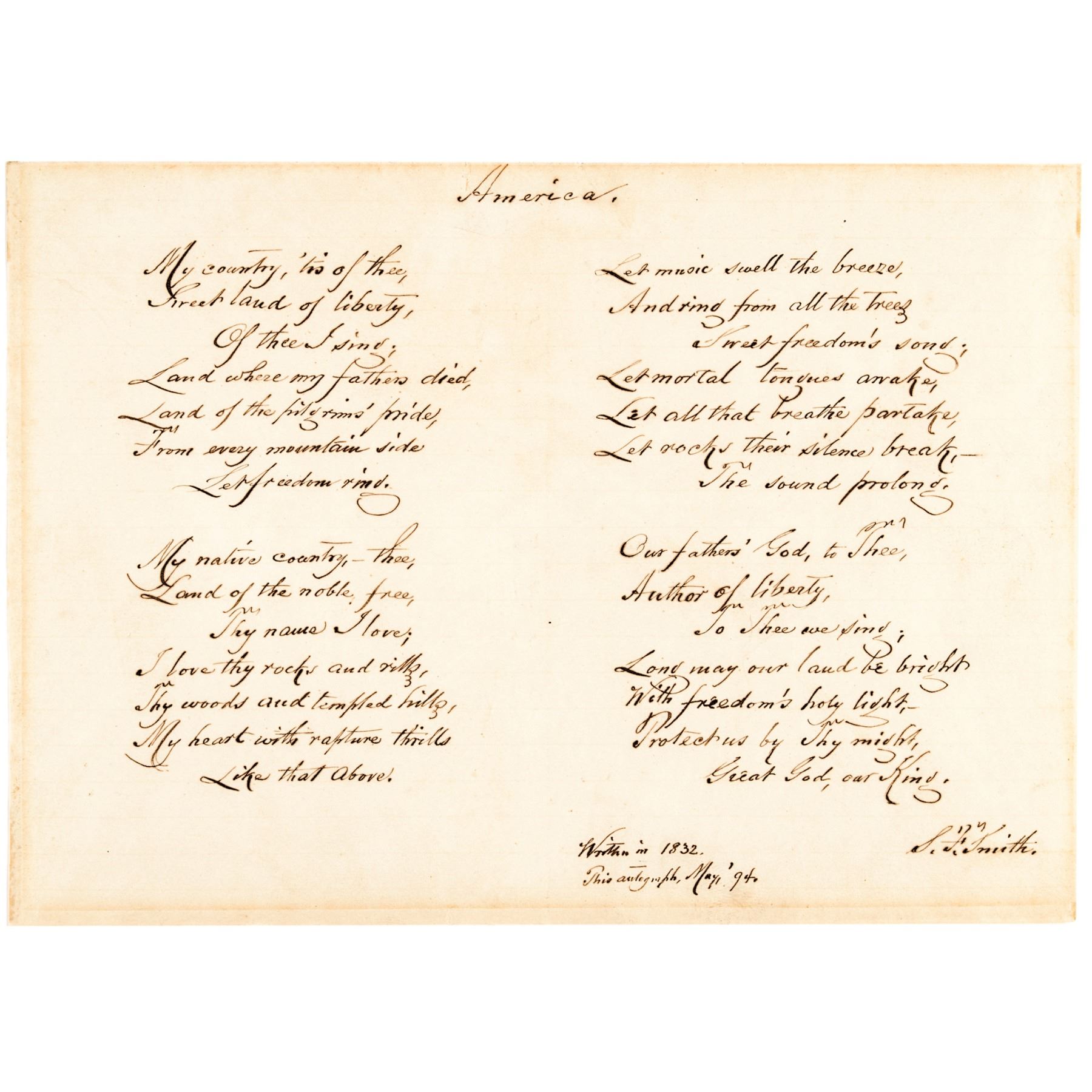 SAMUEL FRANCIS SMITH Full Autograph Poem Signed AMERICA-My Country ...