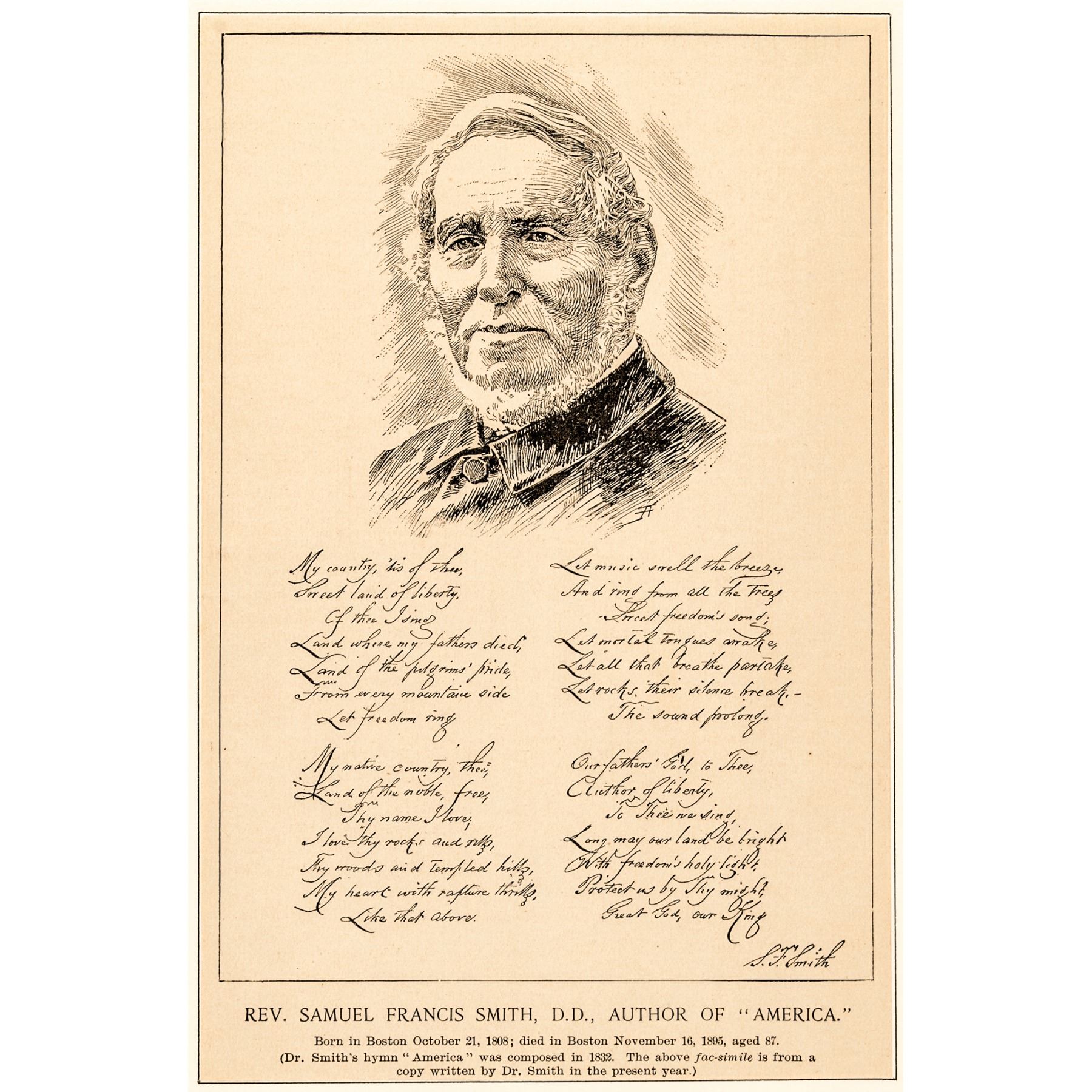 SAMUEL FRANCIS SMITH Full Autograph Poem Signed AMERICA-My Country ...