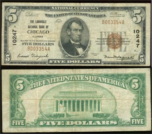 Series 1929 $5 national currency Lawndale National Bank of Chicago