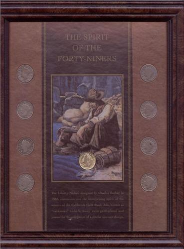 Spirit of the Forty-Niners 8 Liberty Nickels in frame; Nice wallhanging