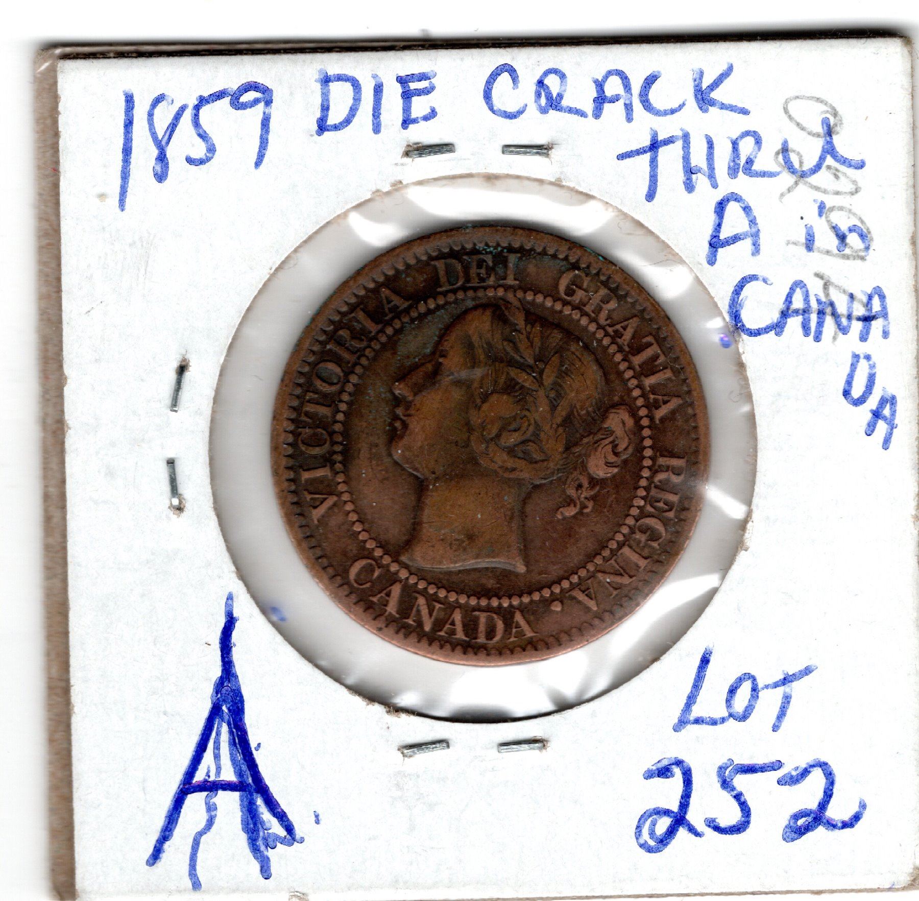 1859 ONE CENT PC *DIE CRACK THROUGH A IN CANADA*