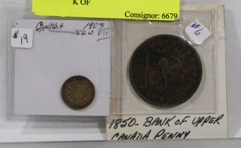 LOT OF 2 CANADA COINS, 1903 DIME, 1850 BANK OF