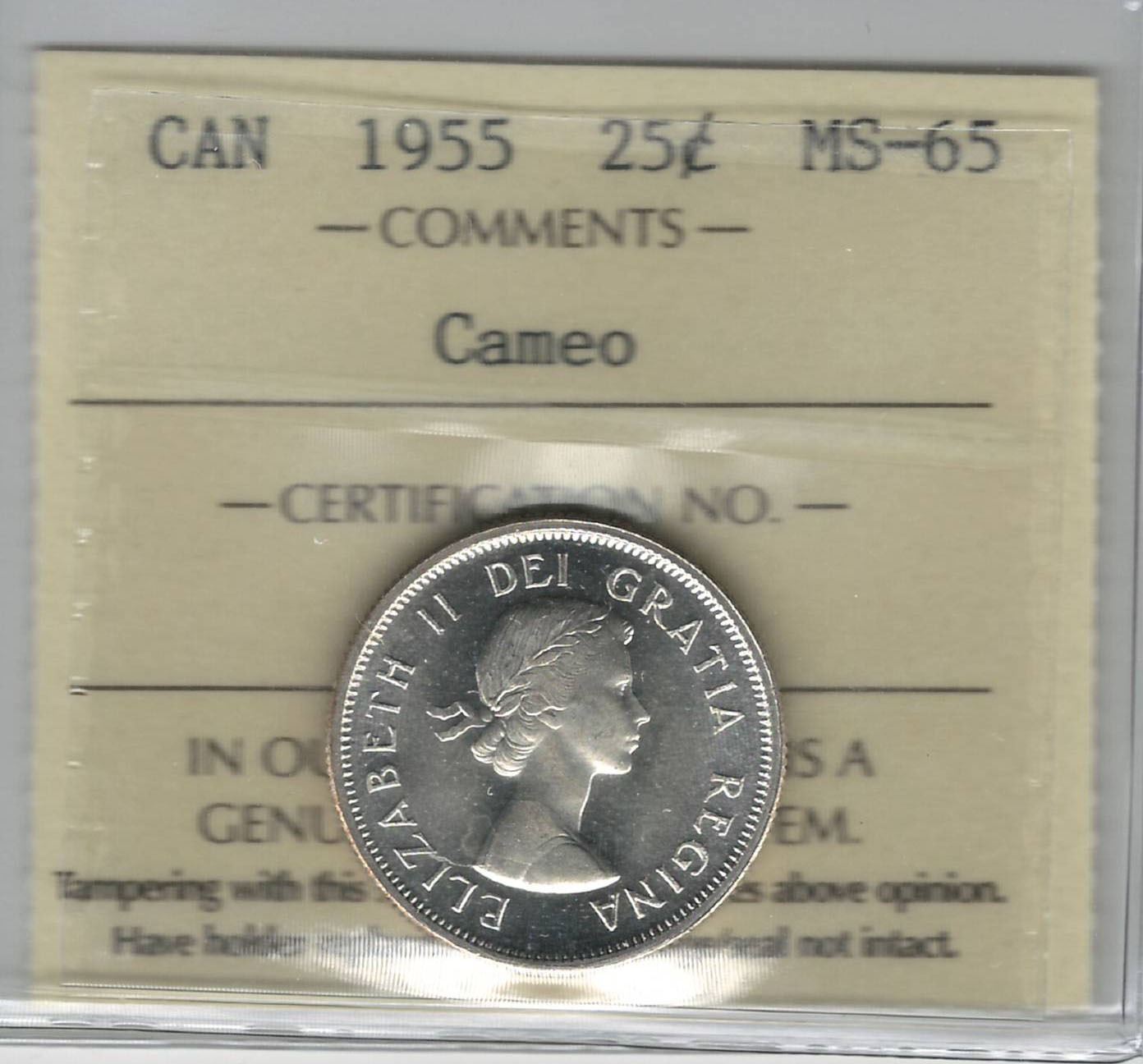 Canada 1955 Silver 25 Cent ICCS MS65 Cameo