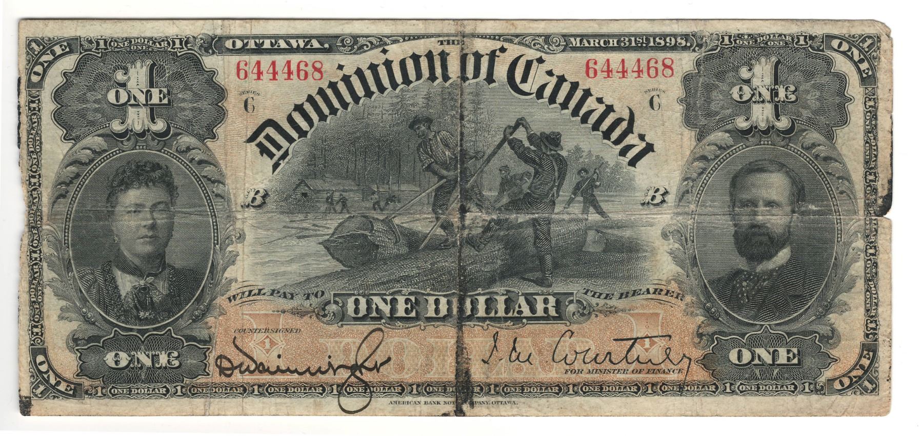 Canada 1898 $1 Banknote DC-13a F black spots