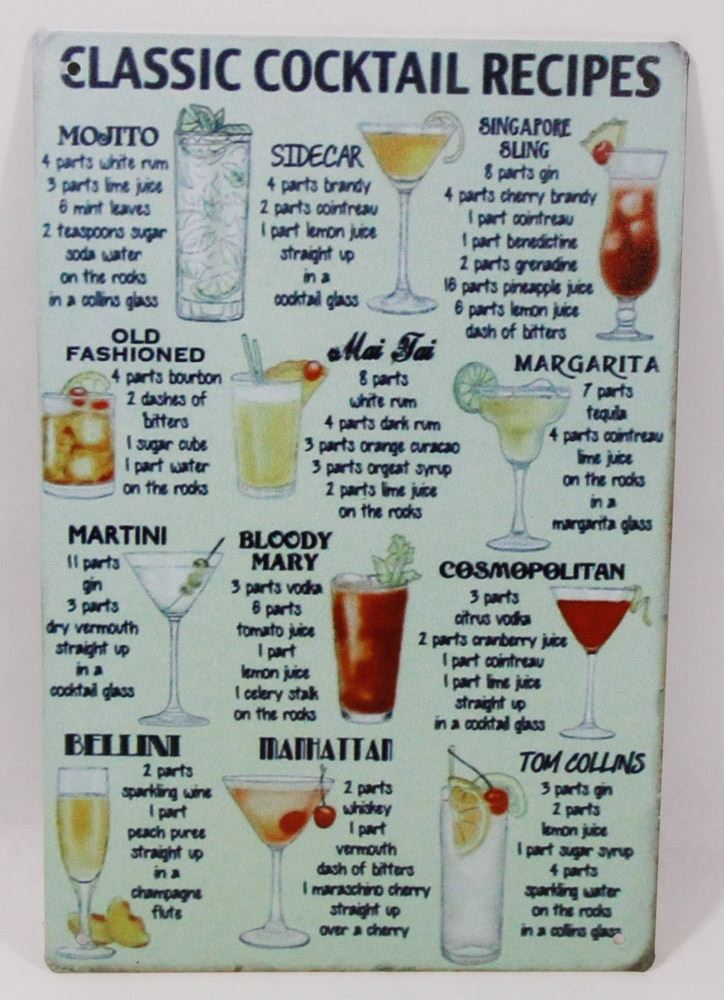 NEW! 12" X 8" CLASSIC COCKTAIL RECIPES METAL SIGN