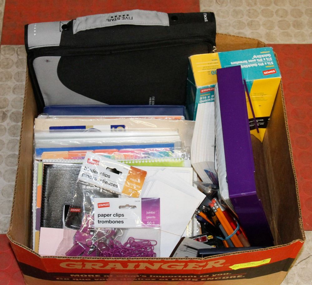 BOX FULL OF OFFICE SUPPLIES INCL. LABELS,