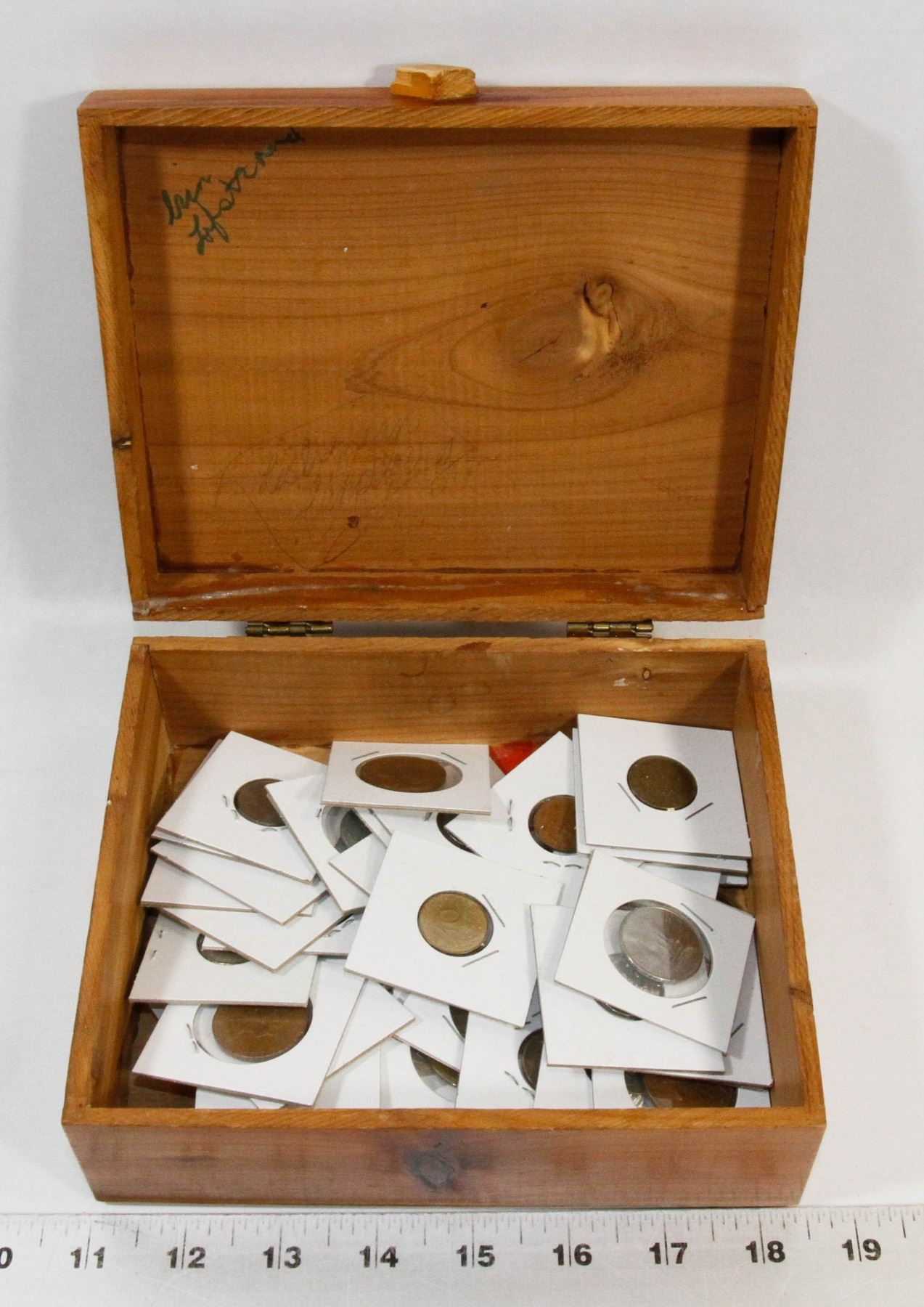 ESTATE WOOD BOX WITH COLLECTIBLE COINS.