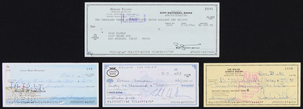 Lot of (4) Signed Personal Bank Checks with Joe Walsh, Eddie Van Halen ...