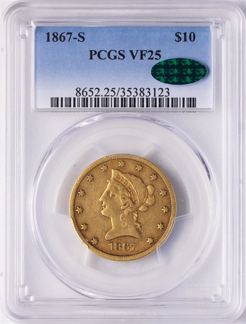 1867-S $10 Liberty Head Eagle Gold Coin PCGS VF25 CAC