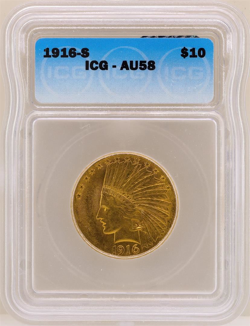 1916-S $10 Indian Head Eagle Gold Coin ICG AU58