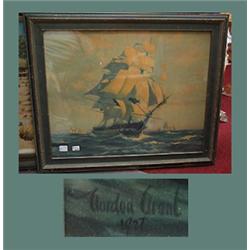 Vintage framed print of an old sailing ship signed "Gordon Grant 1927 ...