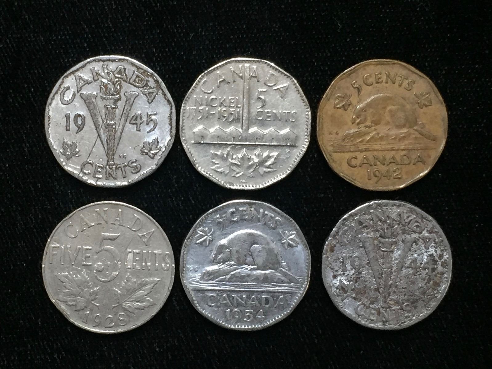 Lot of 6 Canada 5-Cents Nickel, Tombac, Chrome Coins