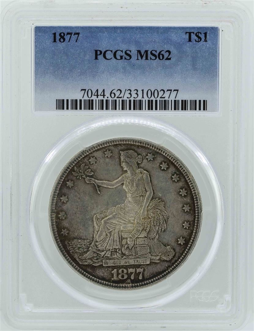 1877 $1 Seated Liberty Silver Trade Dollar Coin PCGS MS62